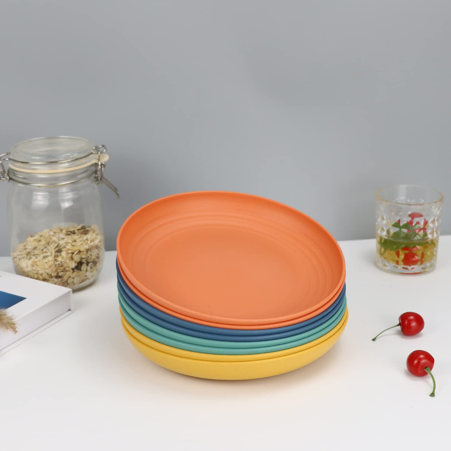 Homienly Deep Dinner Plates Set of 8 Alternative for Plastic Plates Microwave and Dishwasher Safe Wheat Straw Plates for Kitchen Unbreakable Kids Plates with 4 Colors (Colorful, 8 inch)