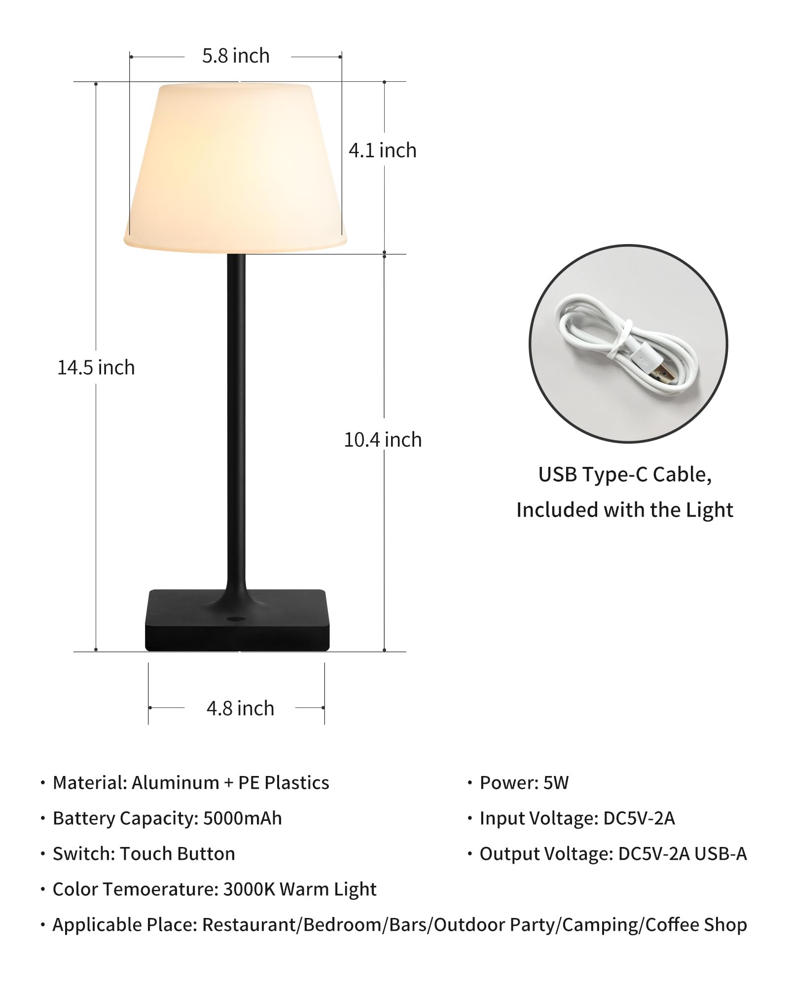 VISDANFO Outdoor Cordless Portable Table Lamp,5000mAh Rechargeable Battery Operated Dimming LED Desk Lamp,IP44 Waterproof,Modern Night Light for Camping Restaurant Bedroom Bars Home Party(Black)
