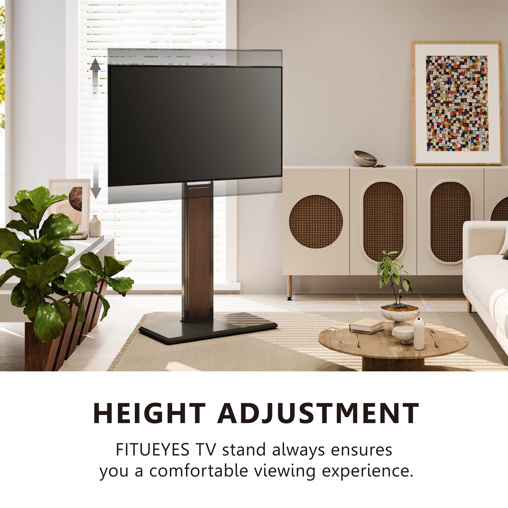 FITUEYES Universal Floor TV Stand with Swivel Height Adjustable Mount for 32 43 50 55 65 75 inch TVs, Mid Century Modern Corner TV Stand Space Saving for Living Room Bedroom (Black & Walnut)