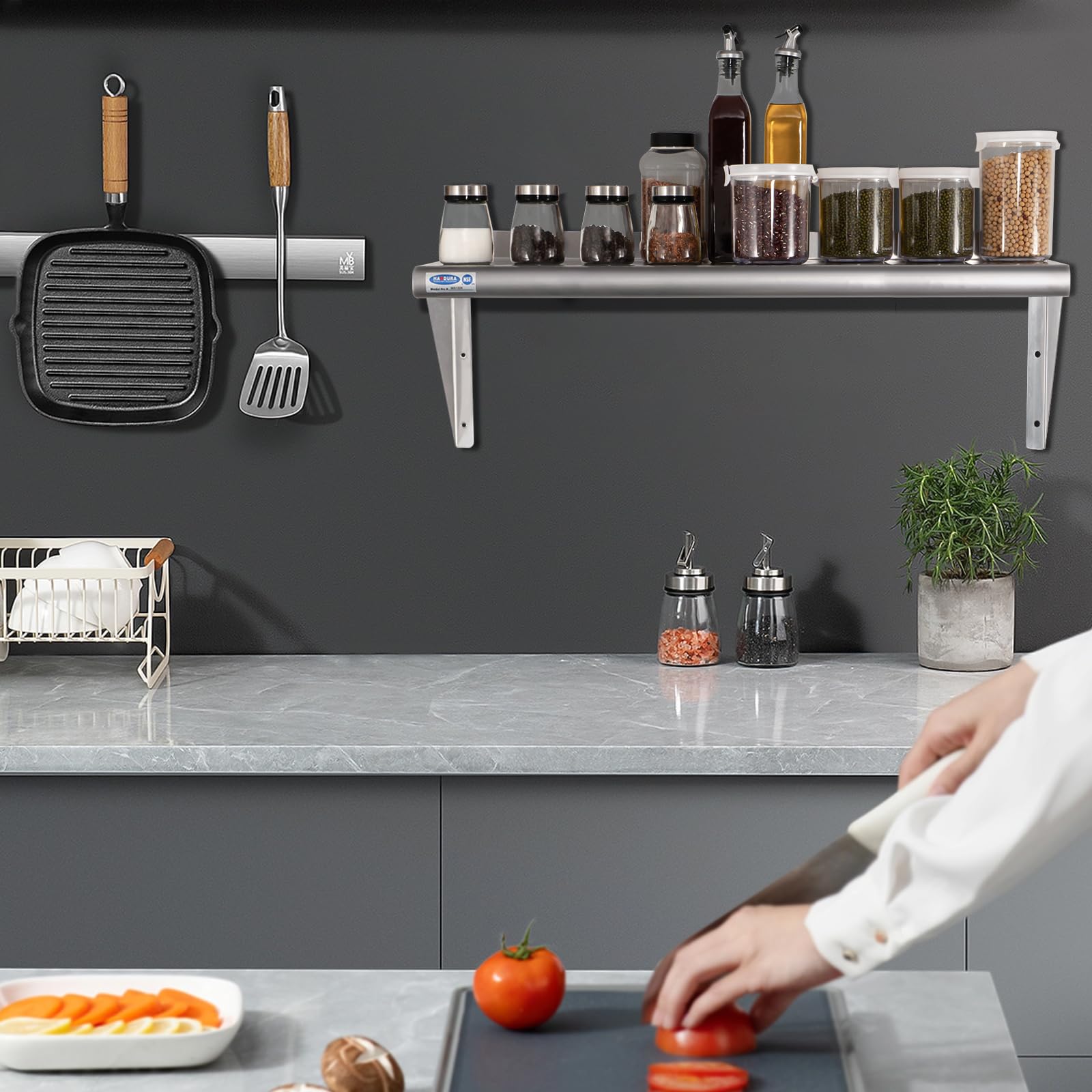 HARDURA Stainless Steel Shelf 12" x 48", 250lb Commercial Shelves Wall Mount Metal Shelving with Backsplash and Brackets for Kitchen, Restaurant, Laundry Room and Home