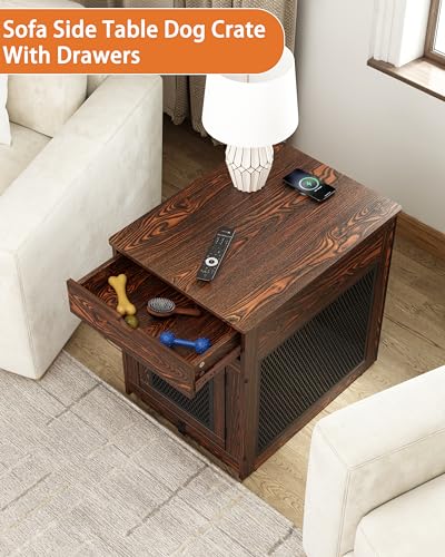 Piskyet Dog Crate Furniture,Wooden Dog Crate End Table with Storage Drawer&Cushion&Tray, QC3.0 Wireless Charging,Dual USB,Medium Dogs Rustic Style