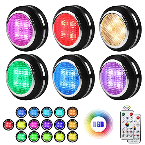 MFOX Battery Lights Under Cabinet Lighting, Puck Lights with 2 Remote Control 6 Pack and LED Color Changing Wireless Ceiling Light with Timer, Dimmable Closet Lights, Led Lights for Bedroom.