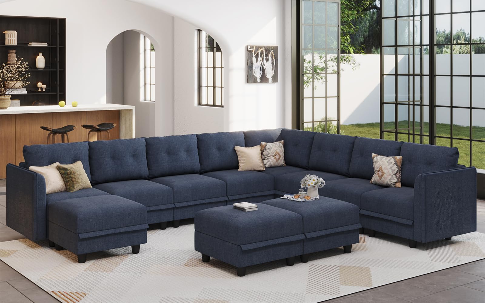 LLappuil Modular Sectional Sofa with Storage Oversized U Shaped Couch with Reversible Chaise Luxury Velvet Sofas for Living Room 9 Seats with 2 Ottomans Denim Blue