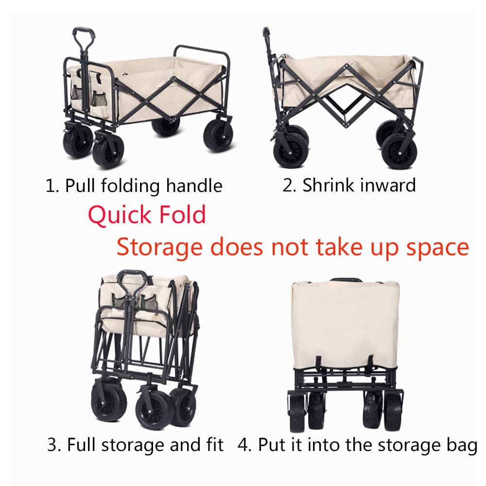Collapsible Folding Wagon with 150L Capacity, Heavy Duty Foldable Utility Garden Cart with Big All-Terrain Beach Wheelsand Drink Holders.White