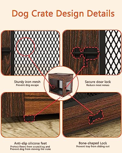 Piskyet Dog Crate Furniture,Wooden Dog Crate End Table with Storage Drawer&Cushion&Tray, QC3.0 Wireless Charging,Dual USB,Medium Dogs Rustic Style