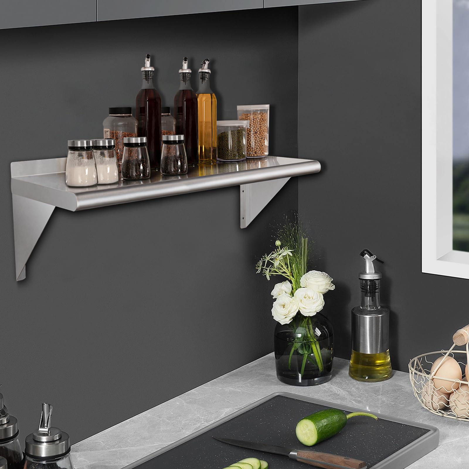 HARDURA Stainless Steel Shelf 12" x 48", 250lb Commercial Shelves Wall Mount Metal Shelving with Backsplash and Brackets for Kitchen, Restaurant, Laundry Room and Home