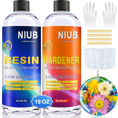 NIUB Epoxy Resin Kit - 19oz Resin and Hardener - Crystal Clear, Non-Toxic, No Bubble, Self-Leveling, Easy for Beginners - Deep Pour