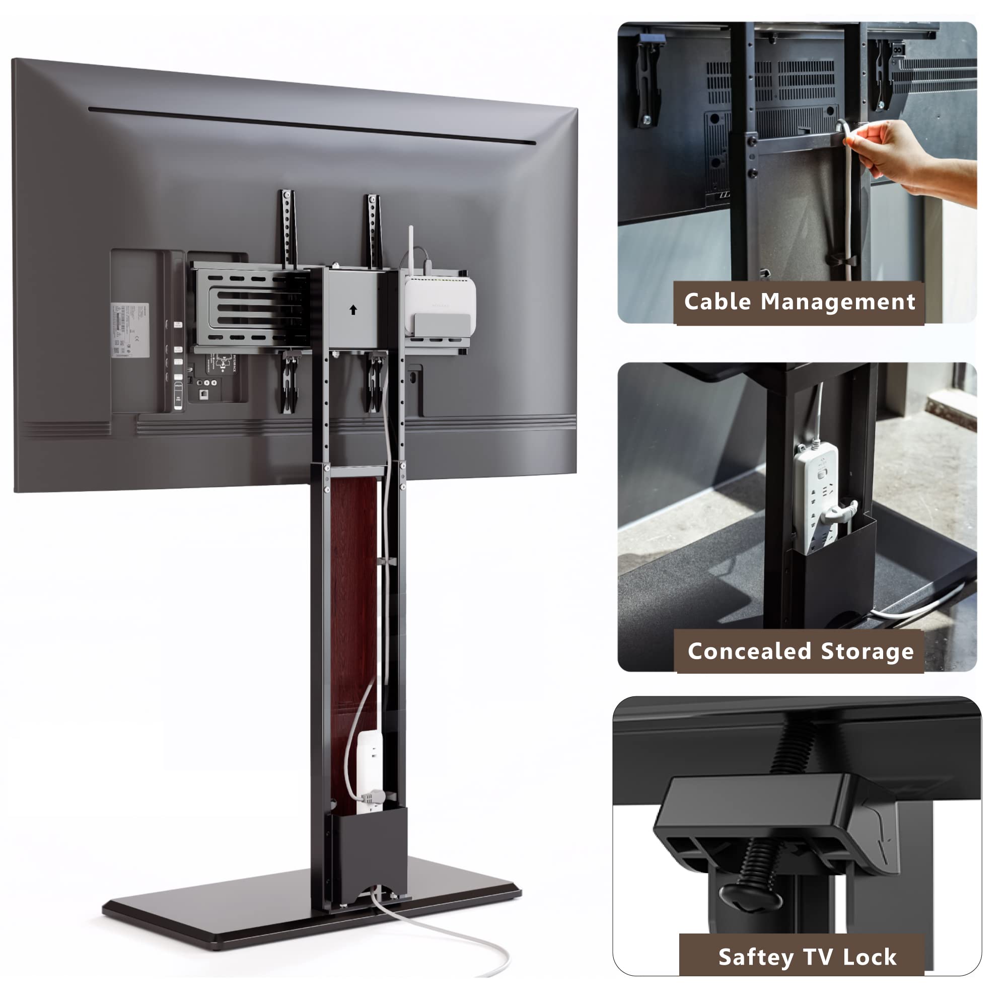 FITUEYES Universal Floor TV Stand with Swivel Height Adjustable Mount for 32 43 50 55 65 75 inch TVs, Mid Century Modern Corner TV Stand Space Saving for Living Room Bedroom (Black & Walnut)
