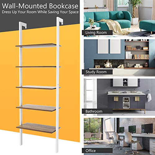 Tangkula Industrial Ladder Shelf Against The Wall, 5-Tier Wall Mount Ladder Bookshelf with Metal Frame, 72 Inches Open Bookcase Plant Flower Stand Display Storage Rack for Home Office