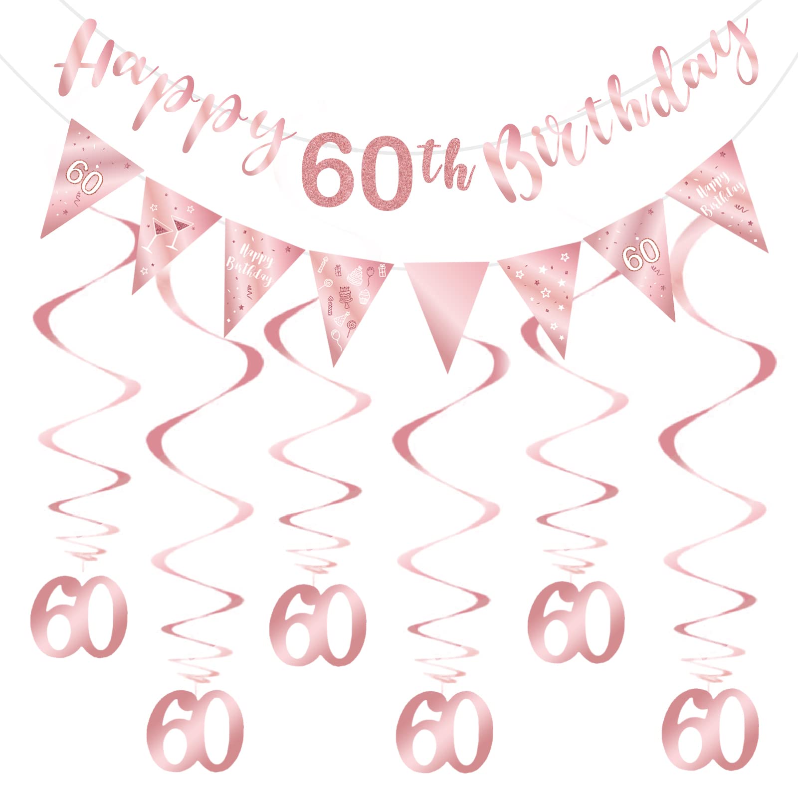 60th Birthday Decoration Kit for Women, Happy 60th Birthday Banner Bunting Swirls Streamers, Triangle Flag Banner for Birthday Party Decorations Supplies Rose Gold 60th