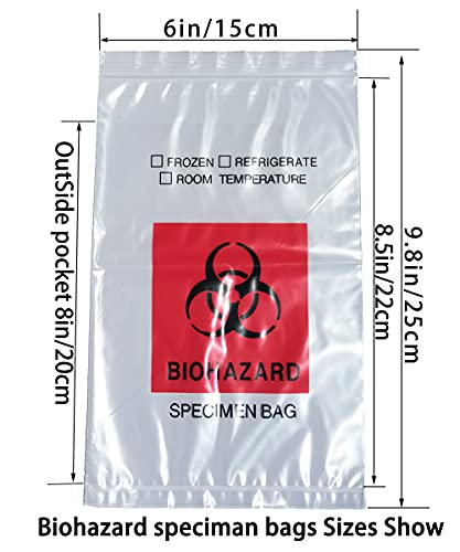 Daarcin Biohazard Specimen Bags,100pcs 6x9in/15x25cm with Biohazard Red Logo Printing, Ziplock Top Sample Bags with Outside Pocket Paperwork Pouch