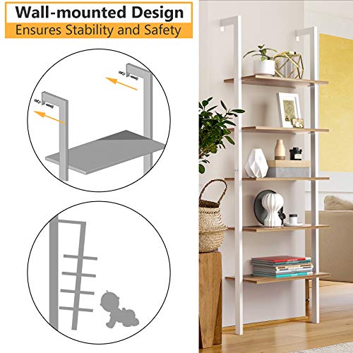 Tangkula Industrial Ladder Shelf Against The Wall, 5-Tier Wall Mount Ladder Bookshelf with Metal Frame, 72 Inches Open Bookcase Plant Flower Stand Display Storage Rack for Home Office