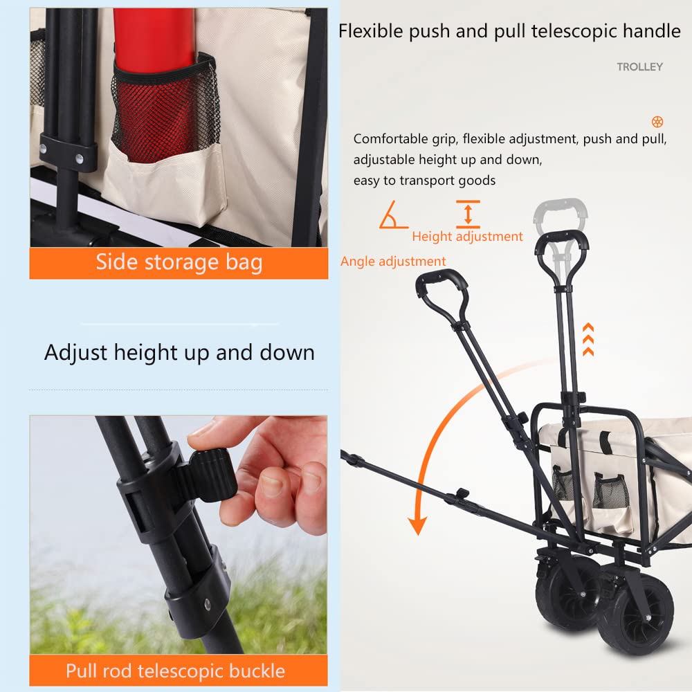 Collapsible Folding Wagon with 150L Capacity, Heavy Duty Foldable Utility Garden Cart with Big All-Terrain Beach Wheelsand Drink Holders.White