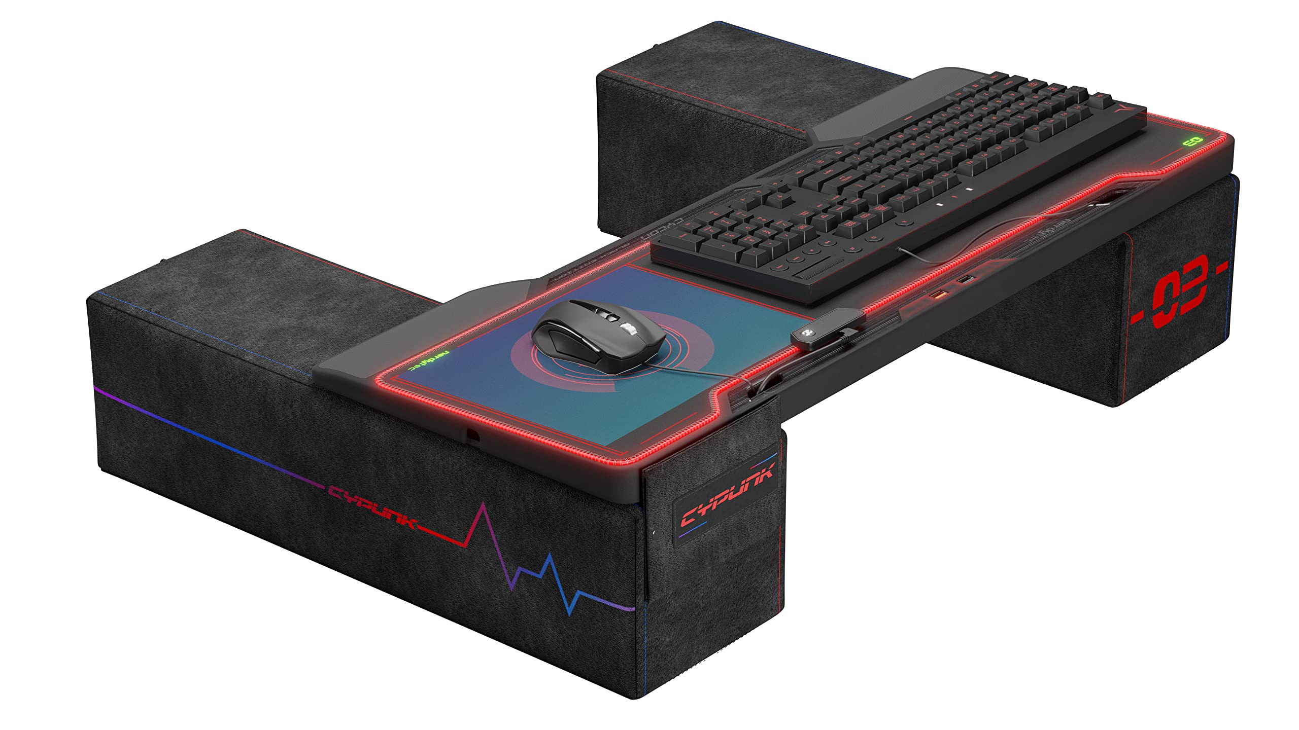 Couchmaster Cyberpunk - CYPUNK² Edition - Leather Look Red & Blue - Couch Gaming USB-HUB Desk for Mouse & Keyboard for PC, PS4/5, Xbox One/Series X