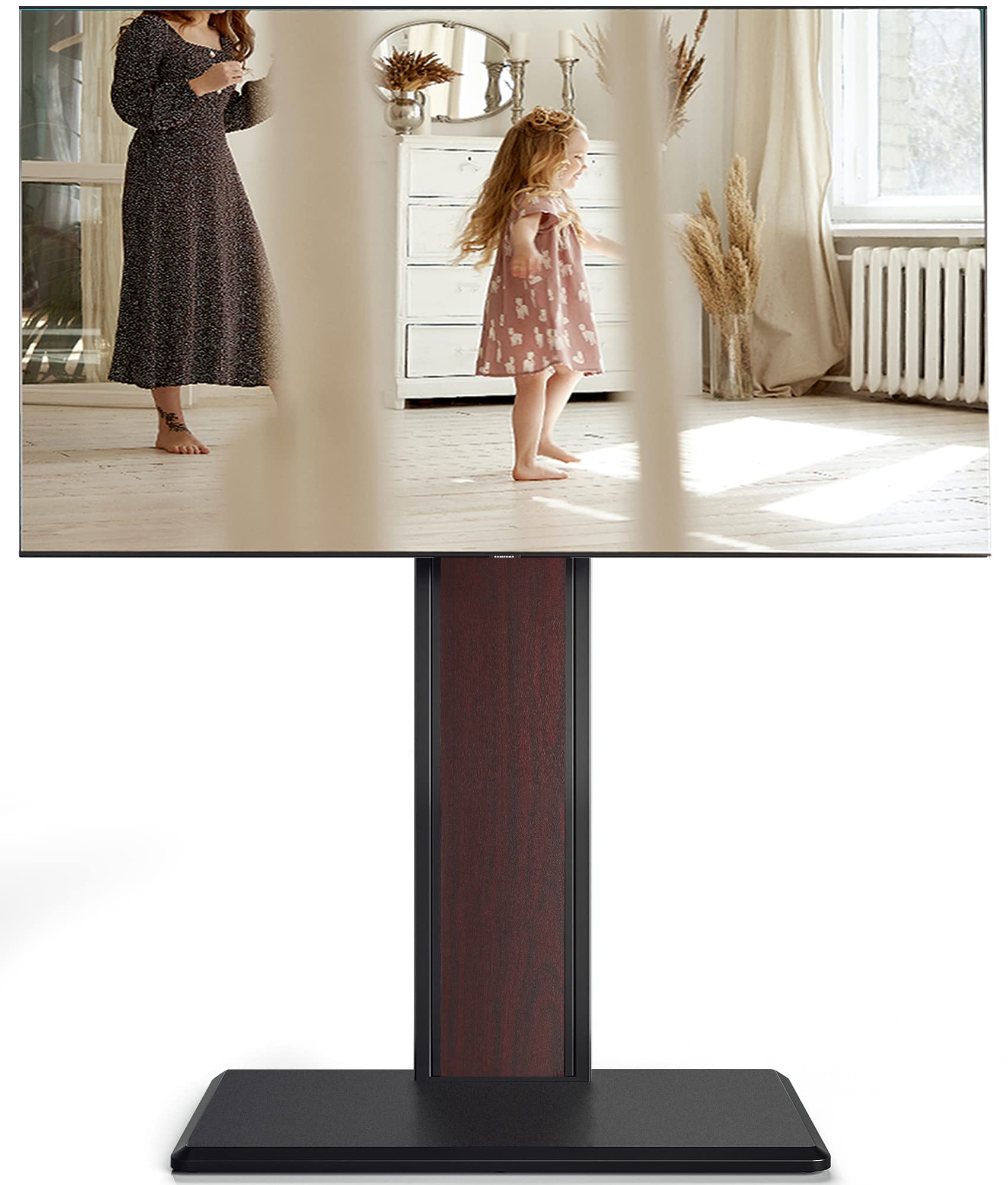 FITUEYES Universal Floor TV Stand with Swivel Height Adjustable Mount for 32 43 50 55 65 75 inch TVs, Mid Century Modern Corner TV Stand Space Saving for Living Room Bedroom (Black & Walnut)