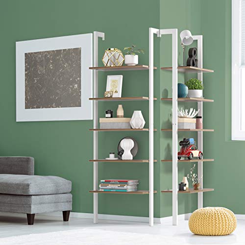 Tangkula Industrial Ladder Shelf Against The Wall, 5-Tier Wall Mount Ladder Bookshelf with Metal Frame, 72 Inches Open Bookcase Plant Flower Stand Display Storage Rack for Home Office