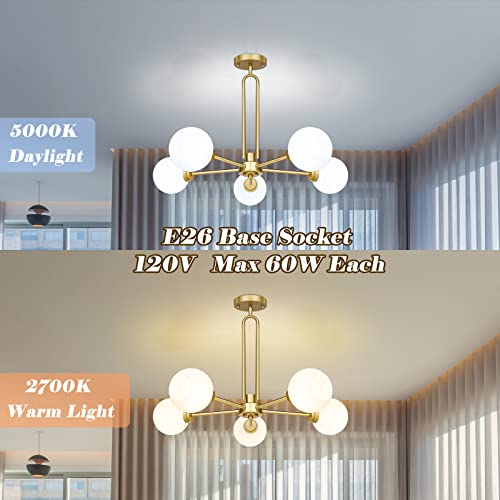 Gold Globe Chandelier Pendant Lighting, 5-Light Kitchen Light Fixtures, Mid-Century Modern Large Semi-Flush Ceiling Light Fixture with Frosted Globe Glass for Dining Room Living Room Bedroom Brass