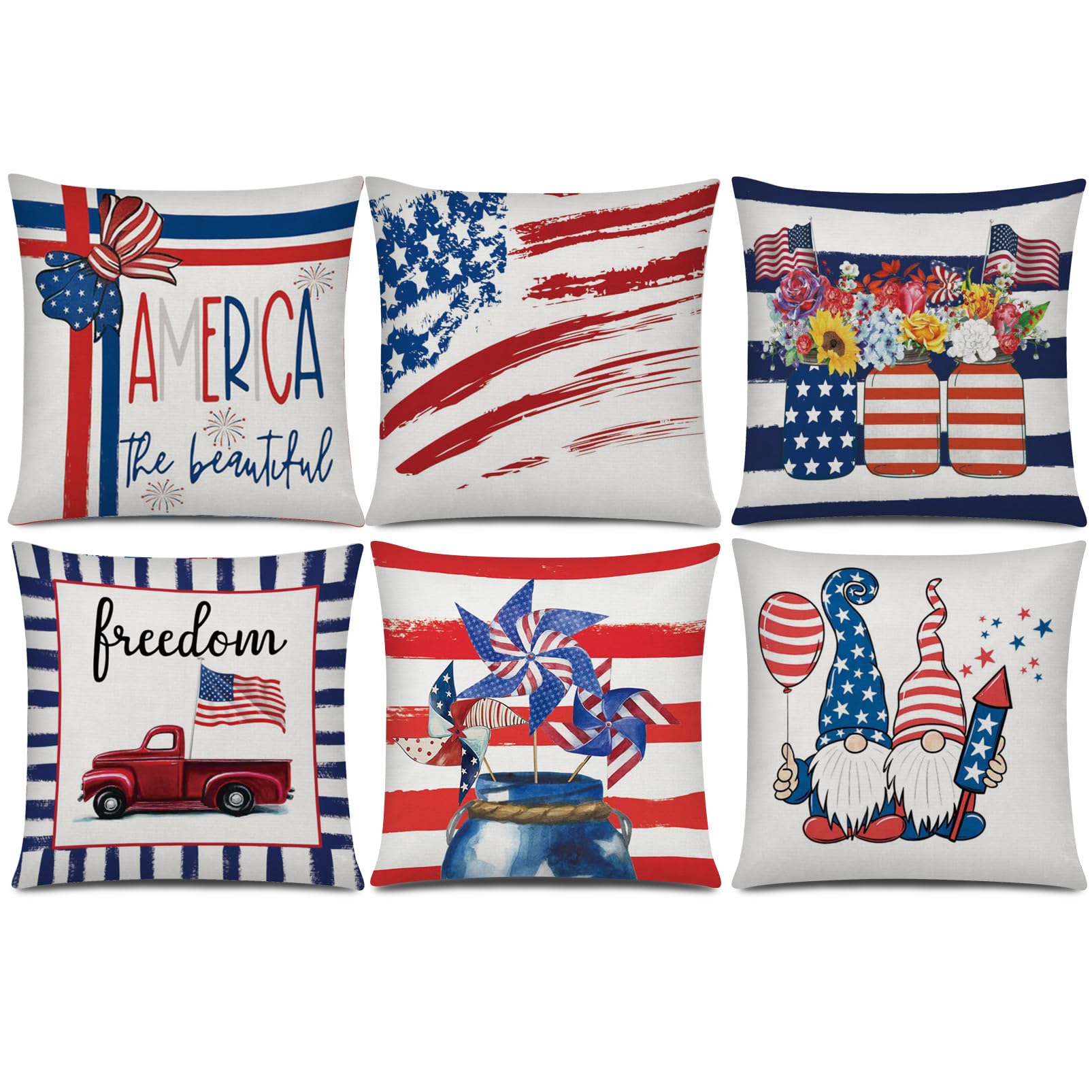COMMINY 4th of July Pillow Covers 18x18 Set of 6 Patriotic Stripes Throw Pillow Cover American Flag Pillow Case Independence Memorial Day Decorations for Couch Home Outdoor