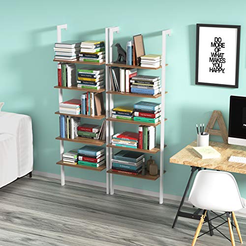 Tangkula Industrial Ladder Shelf Against The Wall, 5-Tier Wall Mount Ladder Bookshelf with Metal Frame, 72 Inches Open Bookcase Plant Flower Stand Display Storage Rack for Home Office