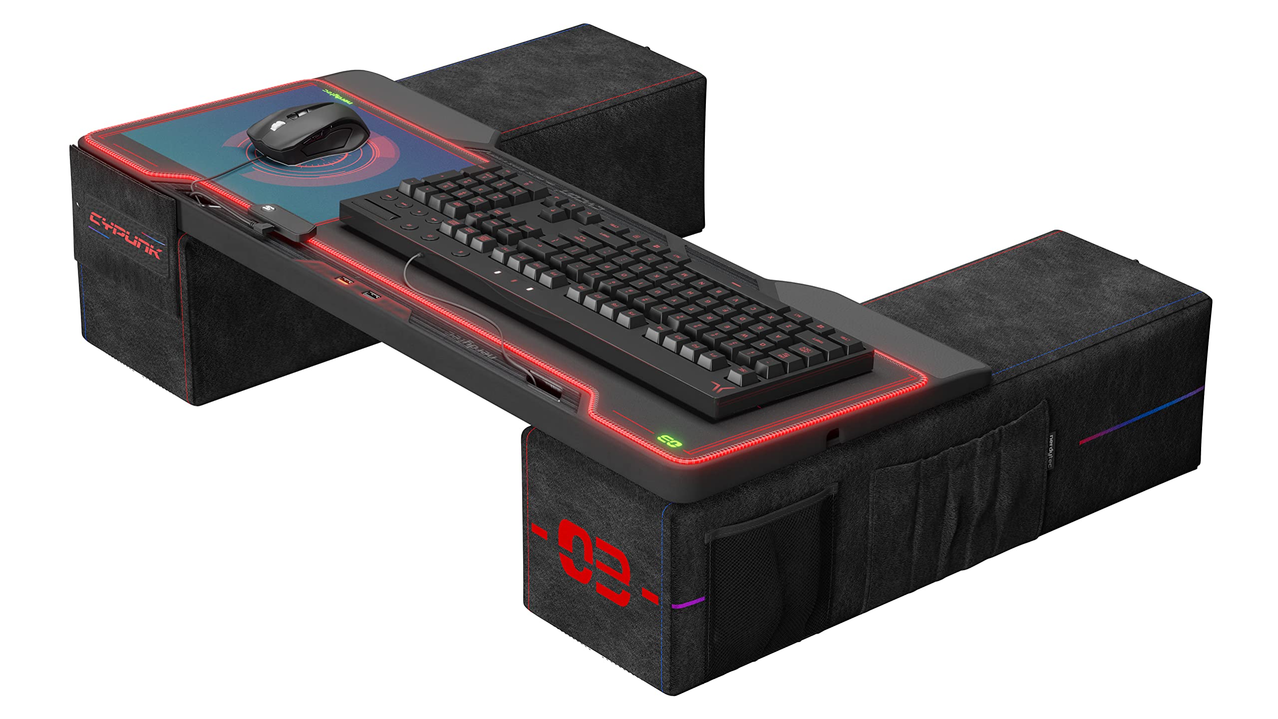 Couchmaster Cyberpunk - CYPUNK² Edition - Leather Look Red & Blue - Couch Gaming USB-HUB Desk for Mouse & Keyboard for PC, PS4/5, Xbox One/Series X