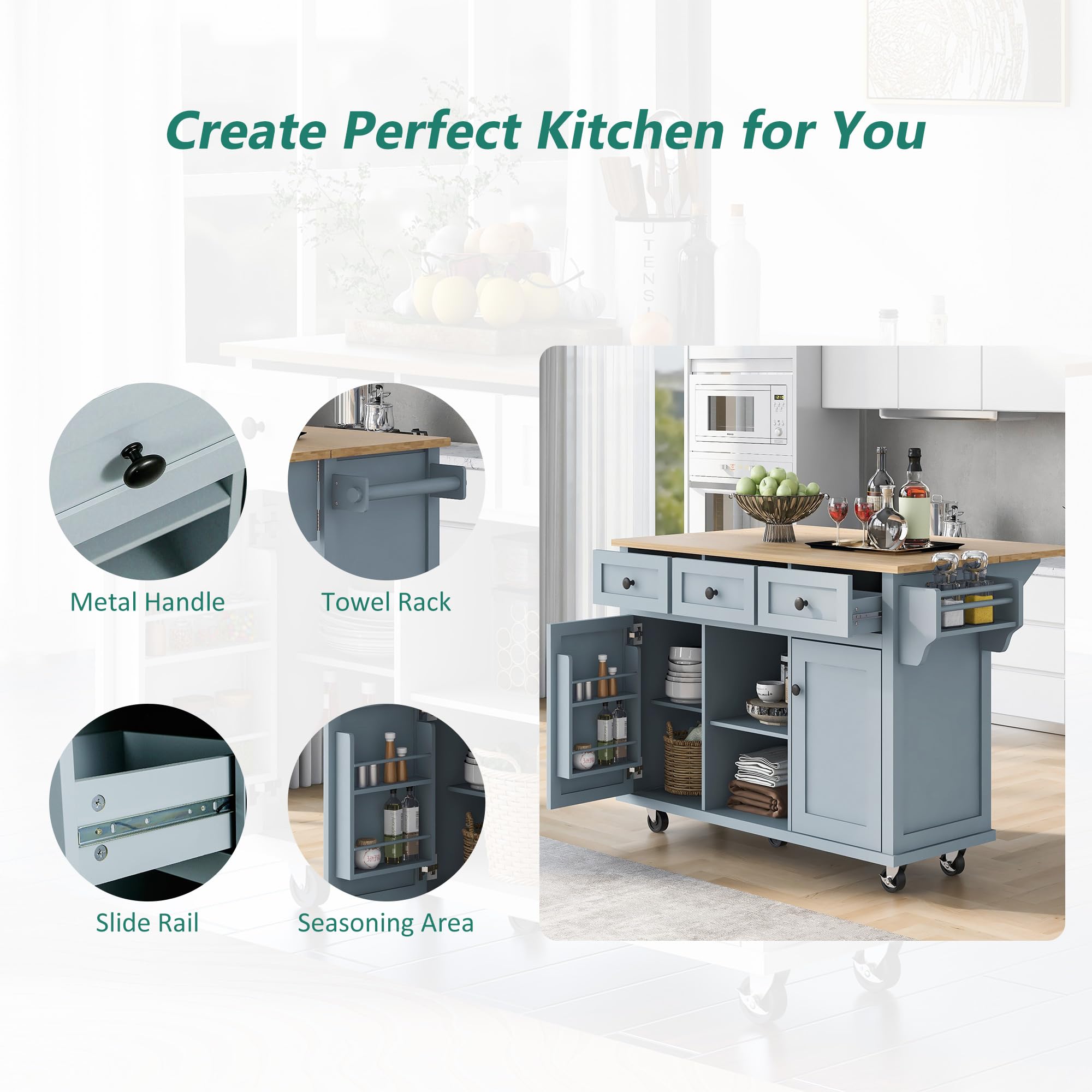 LUMISOL Kitchen Island with Drop Leaf, Rolling Kitchen Island Cart with Internal Storage Racks, Wood Kitchen Island on Wheels with Drawers, Spice Rack & Towel Rack, for Kitchen, Gray Blue