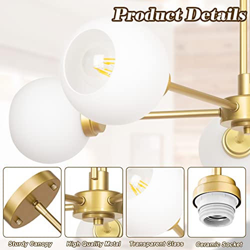 Gold Globe Chandelier Pendant Lighting, 5-Light Kitchen Light Fixtures, Mid-Century Modern Large Semi-Flush Ceiling Light Fixture with Frosted Globe Glass for Dining Room Living Room Bedroom Brass