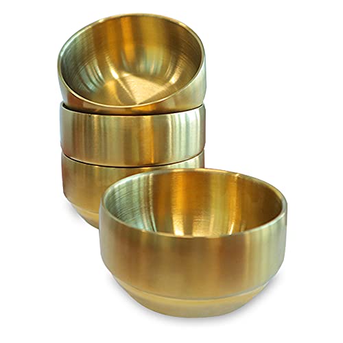 4Pack Thick 304 Stainless Steel Bowls, Small Double Wall Rice Bowls, Stainless Steel Soup Bowl Salad Bowl Noodle Bowl, Metal Bowls for Fruit Cereal Snack Appetizer (Gold, 4.7in)