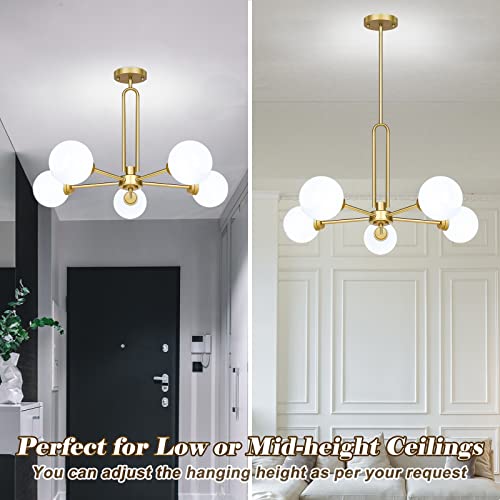 Gold Globe Chandelier Pendant Lighting, 5-Light Kitchen Light Fixtures, Mid-Century Modern Large Semi-Flush Ceiling Light Fixture with Frosted Globe Glass for Dining Room Living Room Bedroom Brass