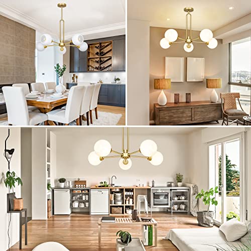 Gold Globe Chandelier Pendant Lighting, 5-Light Kitchen Light Fixtures, Mid-Century Modern Large Semi-Flush Ceiling Light Fixture with Frosted Globe Glass for Dining Room Living Room Bedroom Brass