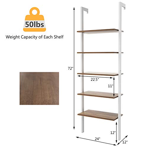 Tangkula Industrial Ladder Shelf Against The Wall, 5-Tier Wall Mount Ladder Bookshelf with Metal Frame, 72 Inches Open Bookcase Plant Flower Stand Display Storage Rack for Home Office
