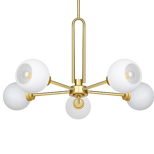 Gold Globe Chandelier Pendant Lighting, 5-Light Kitchen Light Fixtures, Mid-Century Modern Large Semi-Flush Ceiling Light Fixture with Frosted Globe Glass for Dining Room Living Room Bedroom Brass
