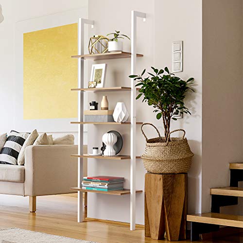 Tangkula Industrial Ladder Shelf Against The Wall, 5-Tier Wall Mount Ladder Bookshelf with Metal Frame, 72 Inches Open Bookcase Plant Flower Stand Display Storage Rack for Home Office