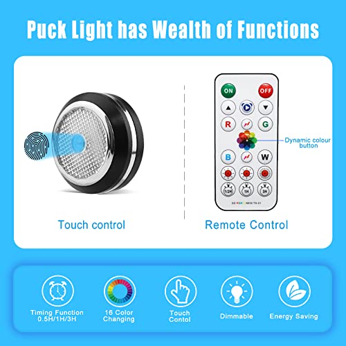 MFOX Battery Lights Under Cabinet Lighting, Puck Lights with 2 Remote Control 6 Pack and LED Color Changing Wireless Ceiling Light with Timer, Dimmable Closet Lights, Led Lights for Bedroom.