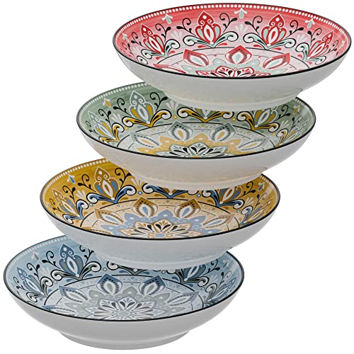 American Atelier Pasta Bowls | Set of 4 | Large, 9-inch, Serving Dinner Plates | Wide and Shallow Bowls Set for Pasta, Salad, Soup, Spaghetti, or Stews, | Assorted Colors Medallion Motif