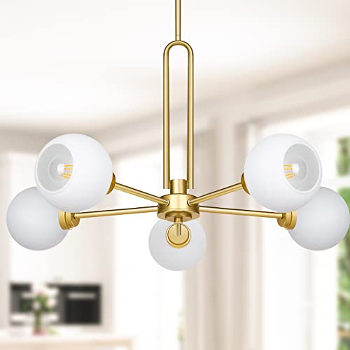 Gold Globe Chandelier Pendant Lighting, 5-Light Kitchen Light Fixtures, Mid-Century Modern Large Semi-Flush Ceiling Light Fixture with Frosted Globe Glass for Dining Room Living Room Bedroom Brass