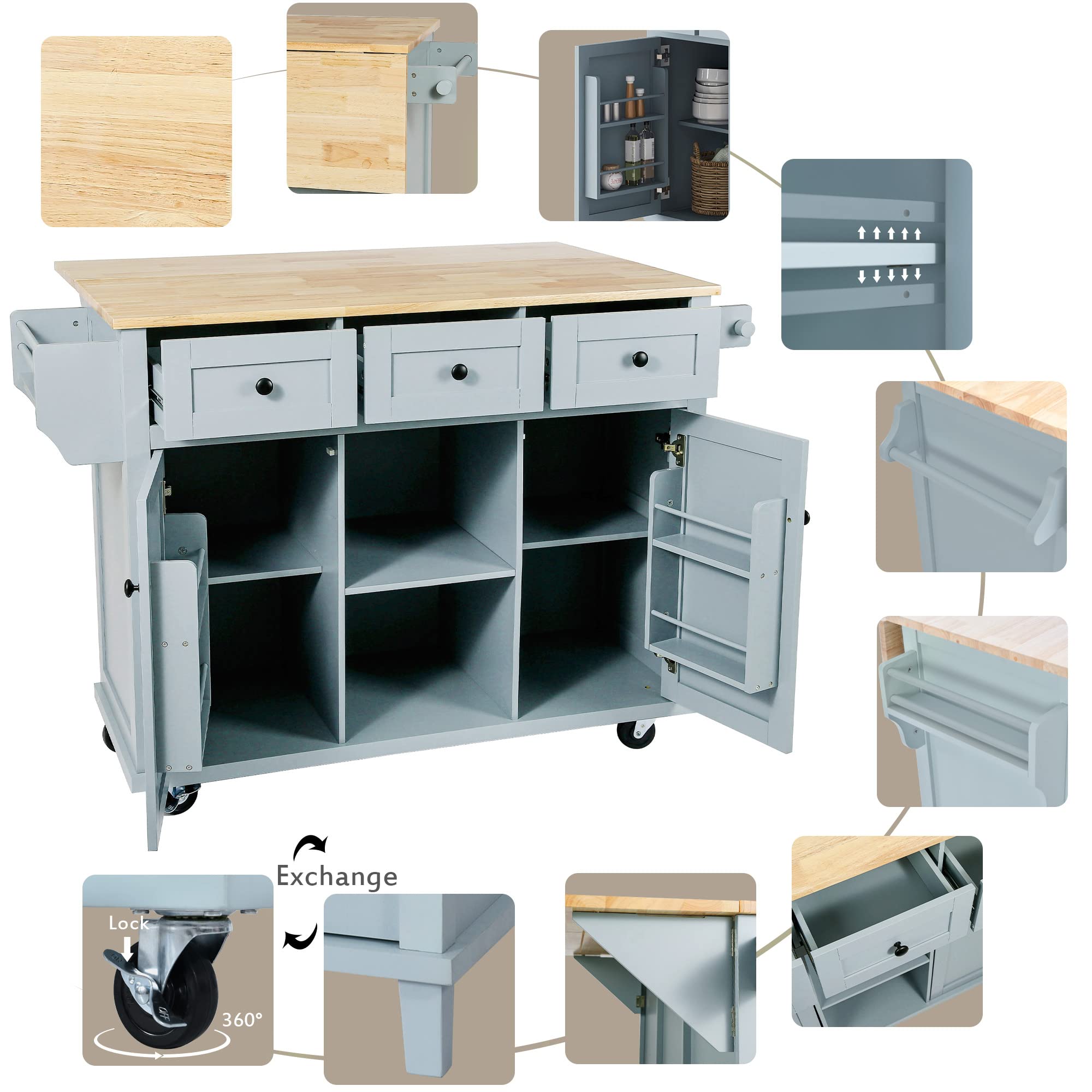 LUMISOL Kitchen Island with Drop Leaf, Rolling Kitchen Island Cart with Internal Storage Racks, Wood Kitchen Island on Wheels with Drawers, Spice Rack & Towel Rack, for Kitchen, Gray Blue