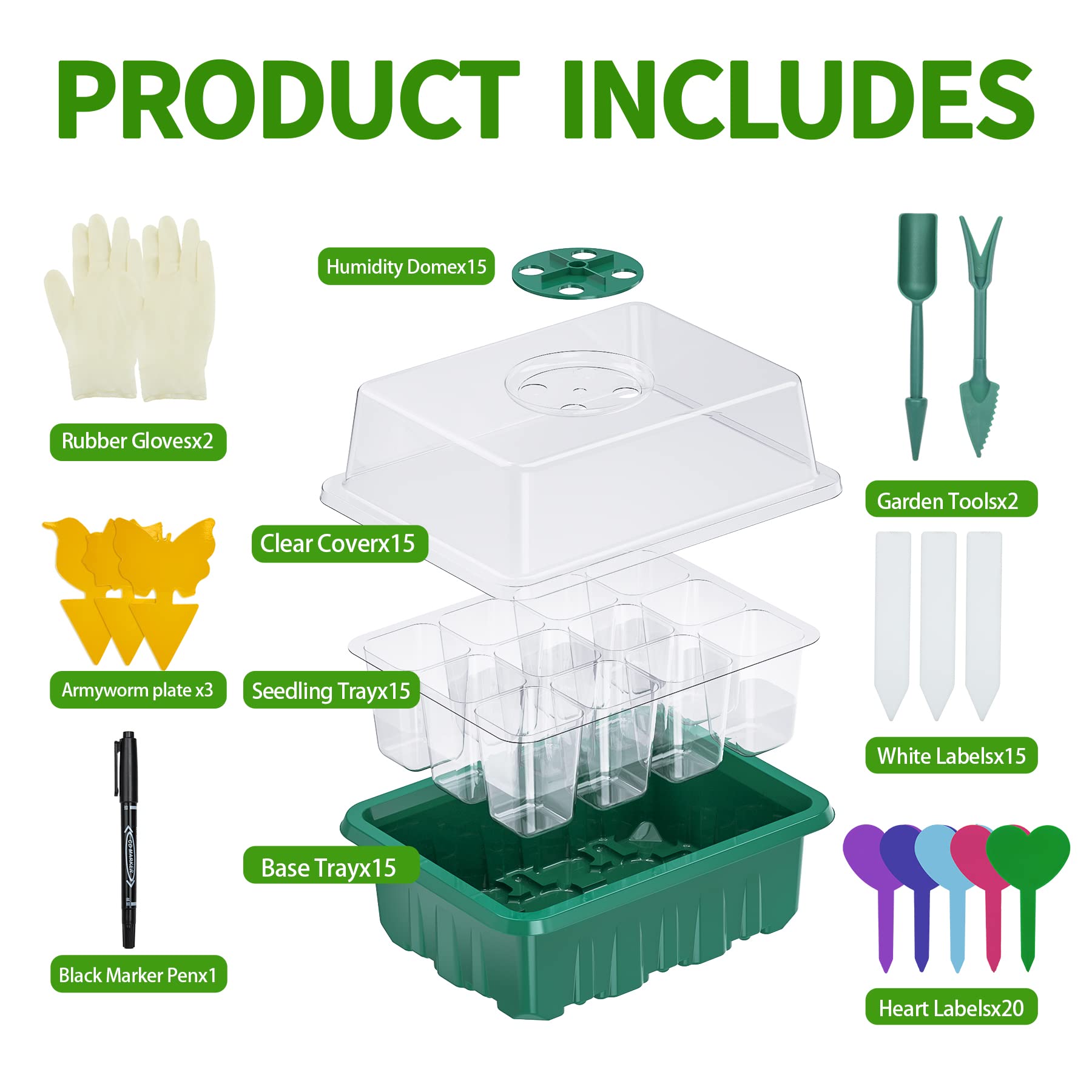 15 Packs Seed Starter Tray Kit, 180 Cells Total Tray, Seedling Starting Trays with Humidity Dome, Base Mini Greenhouse Kit for Seeds Growing Starting