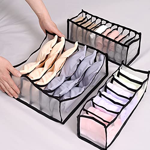 Underwear Drawer Organizer, Drawer Organizers 3 Packs Organizer, 6/7/11Cell Foldable Closet Organizers Storage Boxes for Underwear, Socks, Clothes, Stockings, Scarves, Ties and Bras (Black)