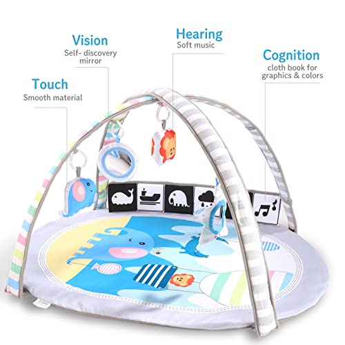 Baby Play Gym, Baby Play Mat Activity Gym with 2 Visual Replaceable Washable Mat Covers and 5 Toys Visual, Hearing, Touch, Cognitive Development for Baby to Toddler