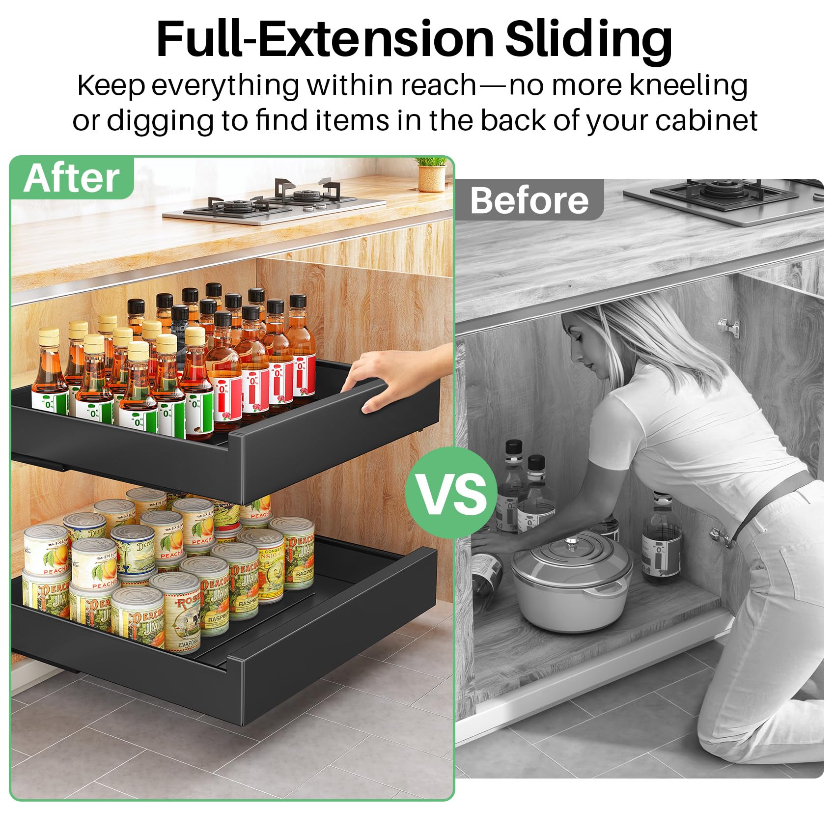 Pull Out Cabinet Organizer Fixed With Adhesive Nano Film,Heavy Duty Storage and Organization Slide Out Pantry Shelves Sliding Drawer Pantry Shelf for Kitchen,Living Room 9.8"W x 16.9"D x3.1"H(1PC)
