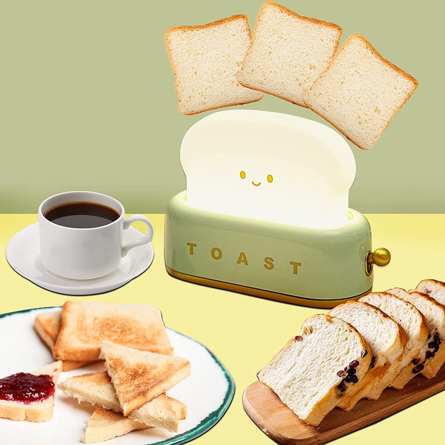 Toast Lamp Night Light for Kids Cute Toaster Nightlight Dimmable Led USB Rechargeable Portable Adjustable Brightness Bread light with Timer Children Baby Toddler Nursery Girls Bedroom Night-Lights