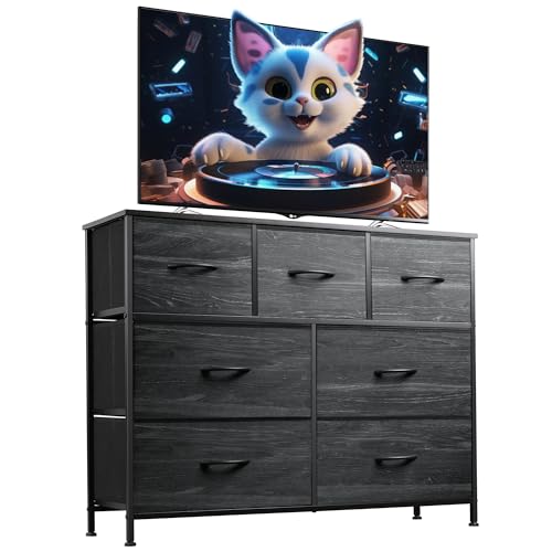 WLIVE Dresser TV Stand, Entertainment Center with Fabric Drawers, Media Console Table with Metal Frame and Wood Top for TV up to 45 inch, Chest of Drawers for Bedroom, Charcoal Black Wood Grain Print
