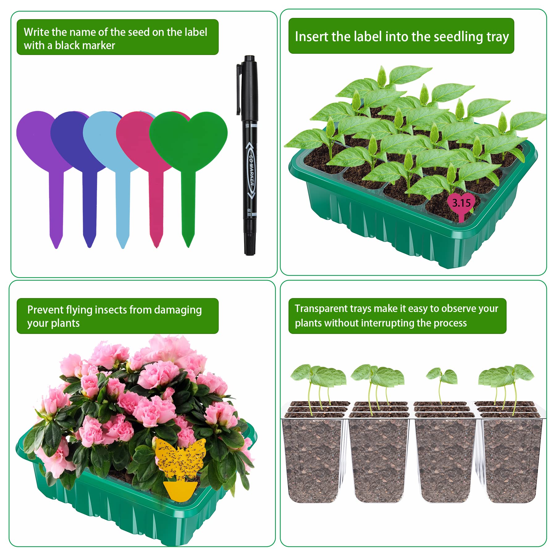 15 Packs Seed Starter Tray Kit, 180 Cells Total Tray, Seedling Starting Trays with Humidity Dome, Base Mini Greenhouse Kit for Seeds Growing Starting