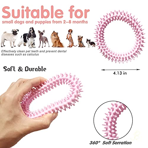 DogieLyn Interactive 2-8 Months Puppy Teething Chew Toys, Puppies Biting Toy, Doggy Teeth Cleaning Rubber Toothbrush for Small Dogs Teddy,Crogi,Schnauzer, 4 pcs (Pink)