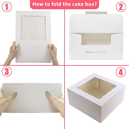 Feelfine Cake Boxes 10 Inch, 10x10x5 Cake Boxes with Square Cake Boards, 24 PCS Bakery Boxes with Window(12 Cake Boxes & 12 Boards) Cajas Para Pasteles for Cakes Pastries Cookies