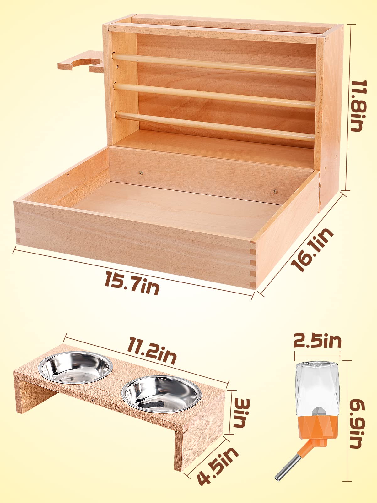 4 in 1 Rabbit Hay Feeder with Litter Box Bowls & Water Feeder, Safe Wooden Bunny Feeder Manger, Hay Holder Rack Toilet for Guinea Pig Hamster Small Animals