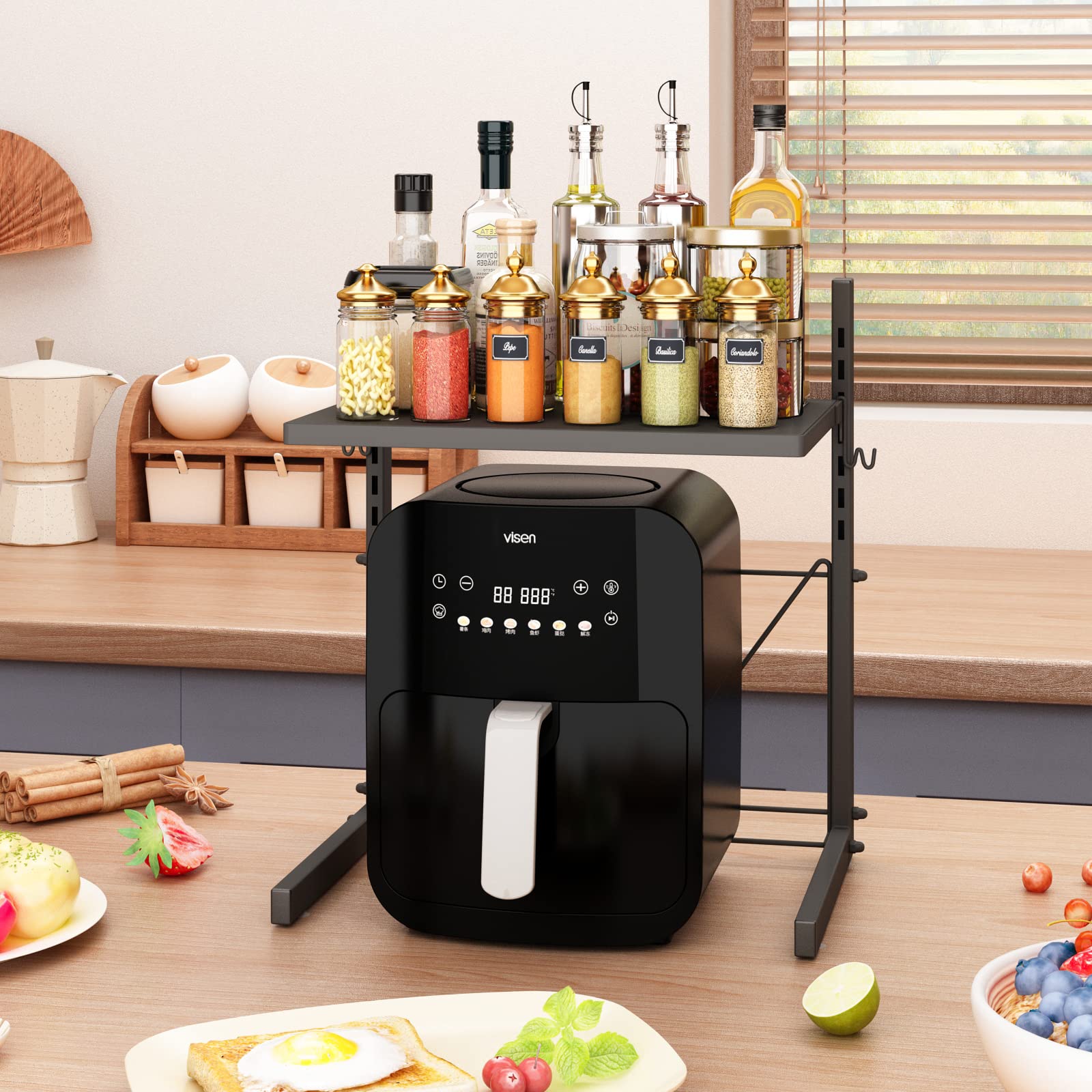 Kitchen Countertop Organizer Coffee Stand Station Kitchen Pantry Storage Cabinet Adjustable Shelf with Hooks Kitchen Appliance Storage for Air Fryer Rick Cooker
