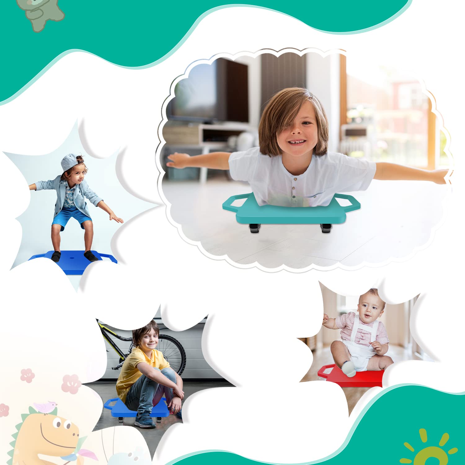 4 Pack Sports Scooter Board with Handles, Floor Scooter, Sitting Scooter Board for Kids Sports Activities, Age: Over 6 Years Old