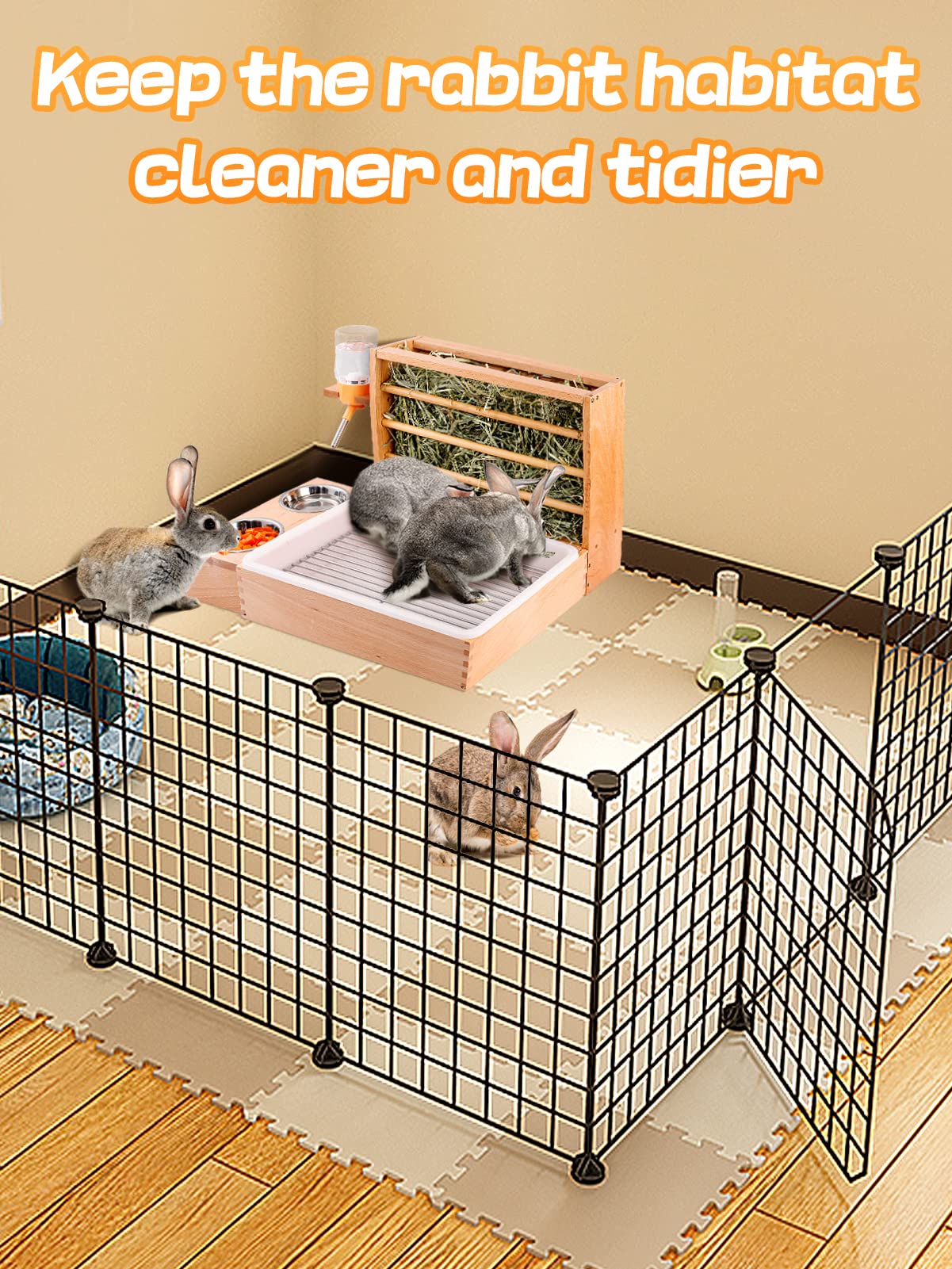 4 in 1 Rabbit Hay Feeder with Litter Box Bowls & Water Feeder, Safe Wooden Bunny Feeder Manger, Hay Holder Rack Toilet for Guinea Pig Hamster Small Animals