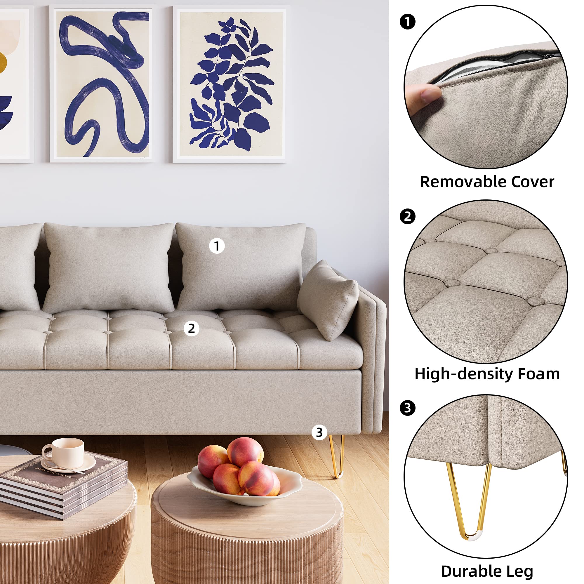 Senfot Sofa Couch Faux Leather 60" W Sofas with Lift-Up Storage and Comfortable Hand Stitched, Pillows, Modern Design with Button Tufted and Gold Metal Legs in Beige